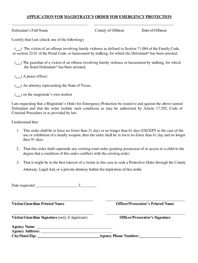 Fillable Online Application for Magistrate's Order of Emergency ...