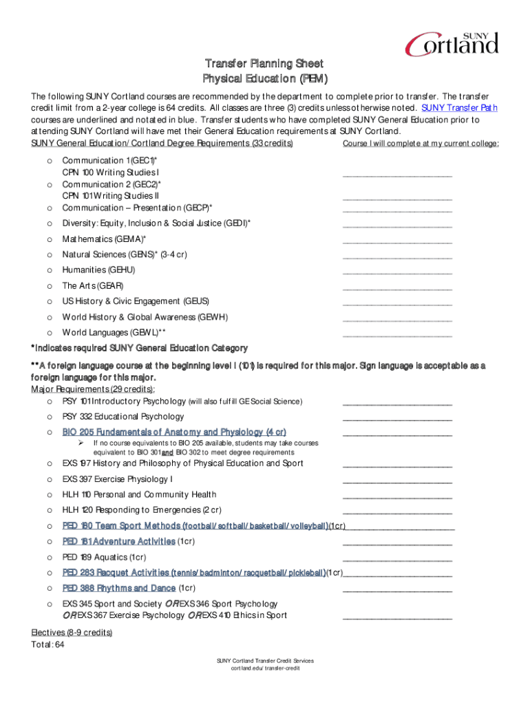 Fillable Online www2 cortland Transfer Planning Sheet Adolescence Education: Social ... Fax ...
