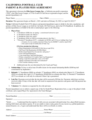 Fillable Online california football club parent & player fees agreement ...