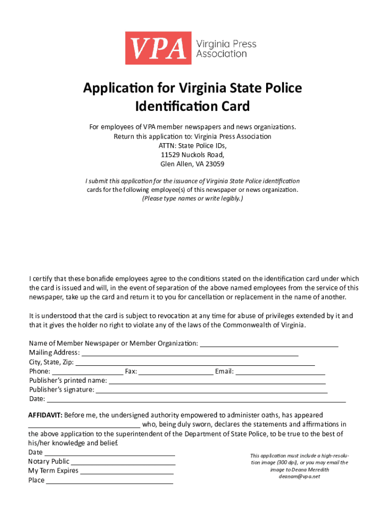 Fillable Online Application for Virginia State Police Identification ...