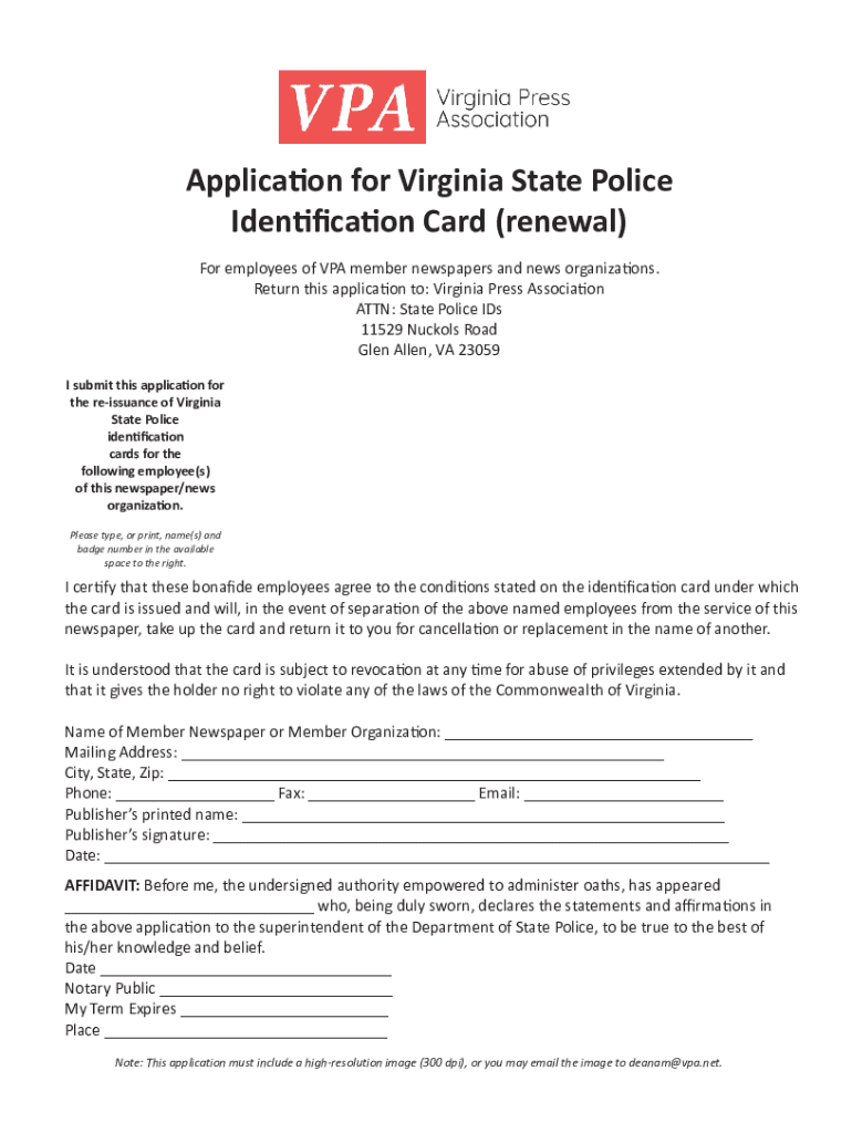 Fillable Online Application for Virginia State Police Identification ...