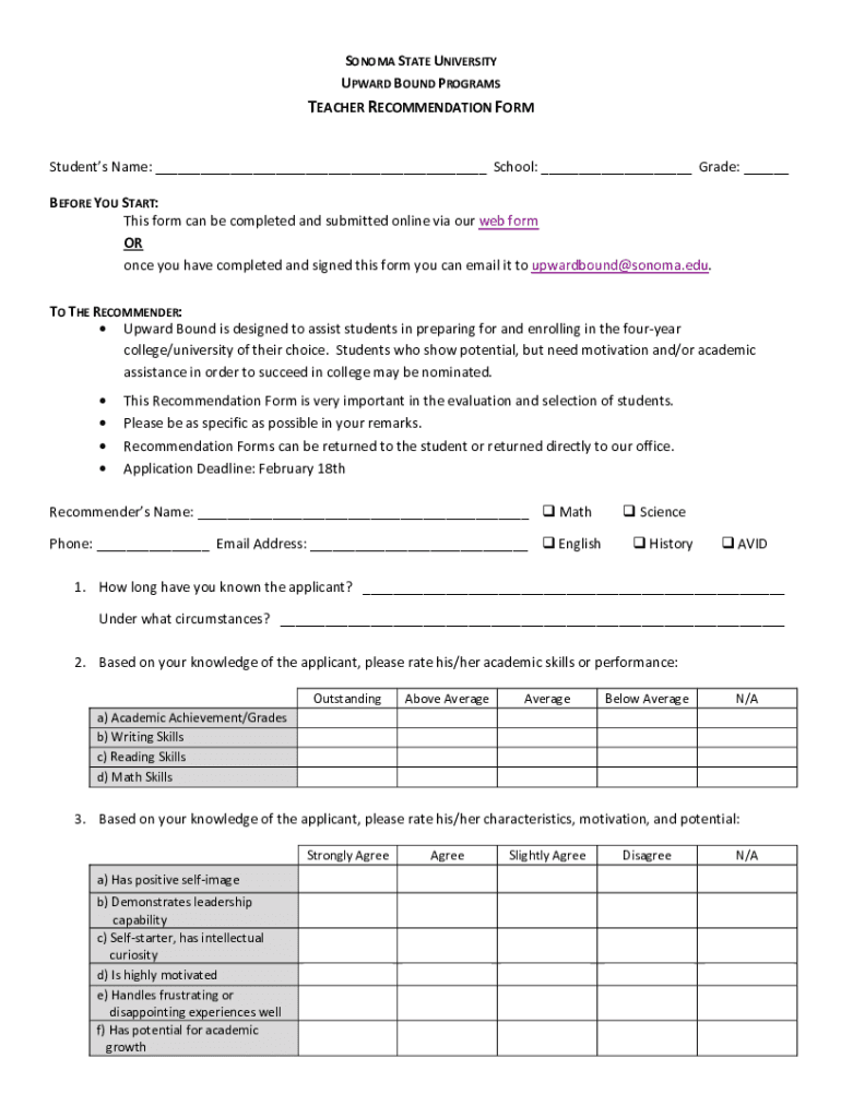 Fillable Online teacher recommendation form - Pre-Collegiate Programs Fax Email Print - pdfFiller