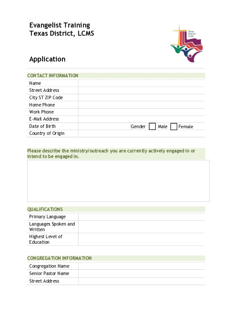 Fillable Online Evangelist Training Texas District, LCMS Application ...