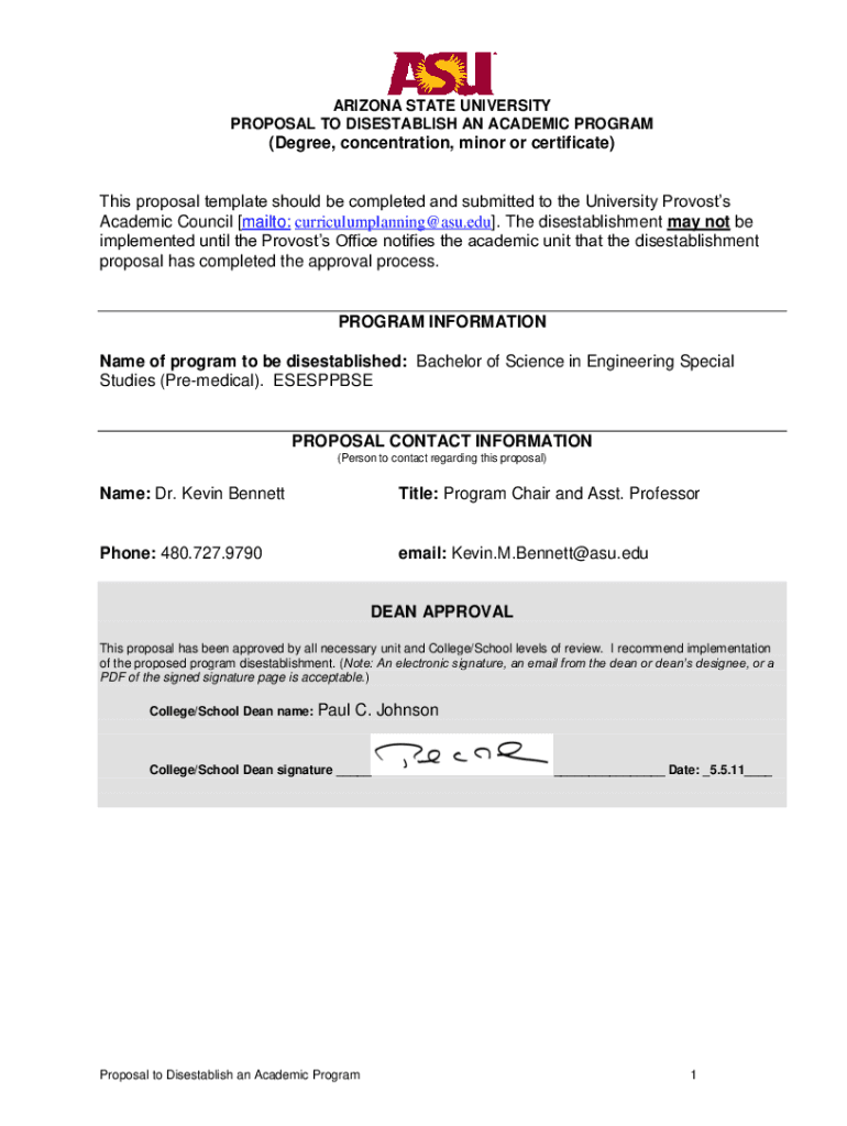 Fillable Online provost asu SAMPLE REQUEST TO DISESTABLISH A DEGREE ...