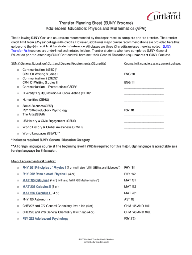 Fillable Online www2 cortland Adolescent Education: Physics and Mathematics (APM) Fax Email ...