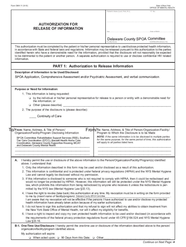 Fillable Online OMH Form 11-Authorization for Release of Information ...