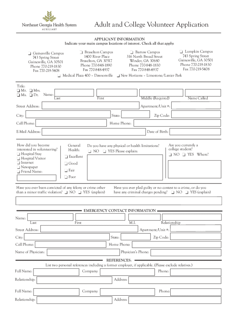 Fillable Online Adult/College Volunteer Information and Application Fax ...