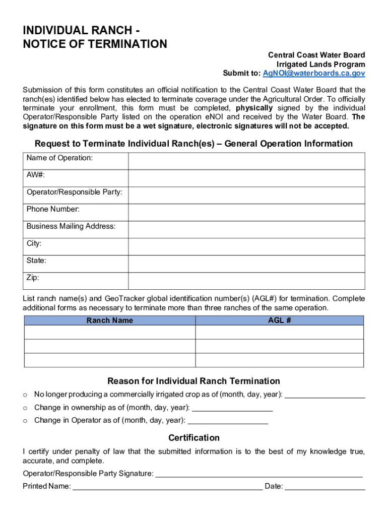 Fillable Online Ranch Notice of Termination. Termination of coverage under the Agricultural ...