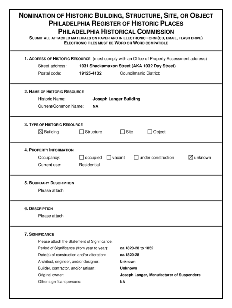 Fillable Online (PDF) NOMINATION OF HISTORIC BUILDING S O PHILADELPHIA ...