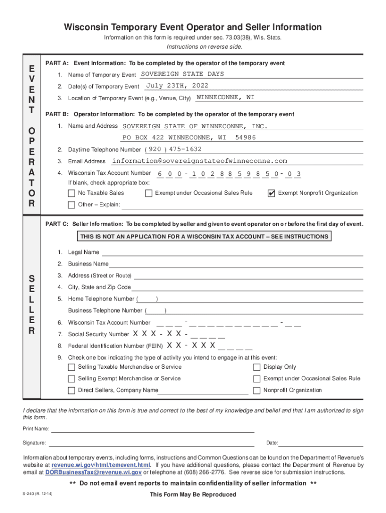 Fillable Online Fillable Online dor state wi Form S-240 - Wisconsin ...