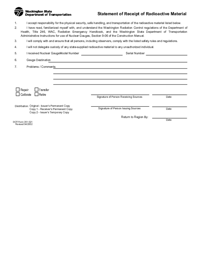 Fillable Online wsdot wa DOT Form 351-021 Statement of Receipt of ...