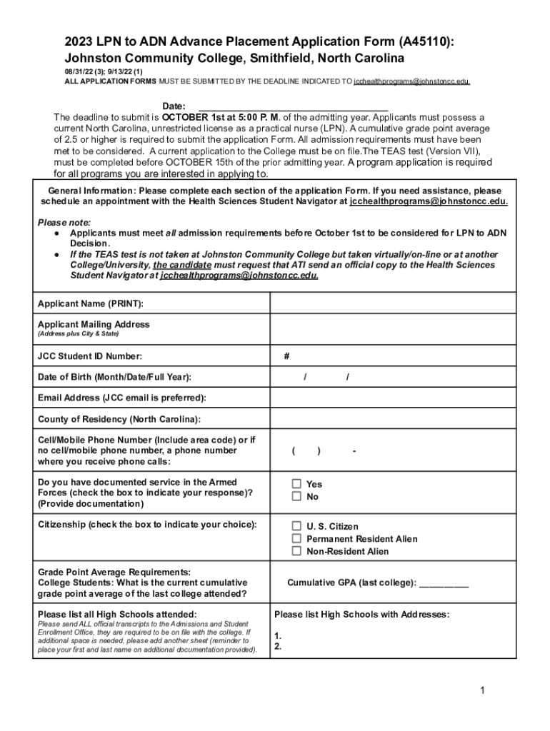 Fillable Online LPN to ADN Advance Placement Application Form (A45110 ...