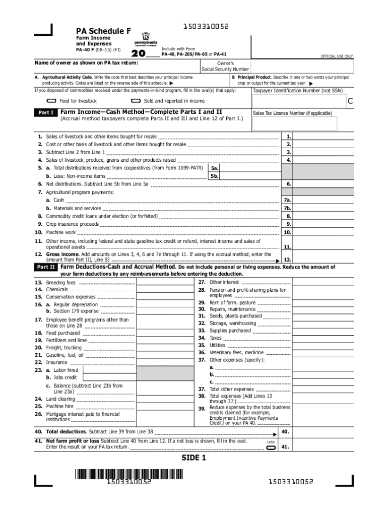 Fillable Online PA-40 F -- PA Schedule F - Farm Income and Expenses ...