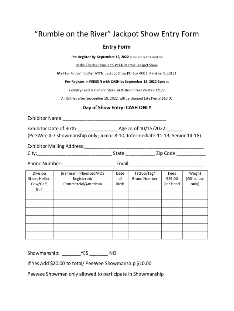 Fillable Online Rumble on the River Jackpot Show Entry Form Fax Email ...