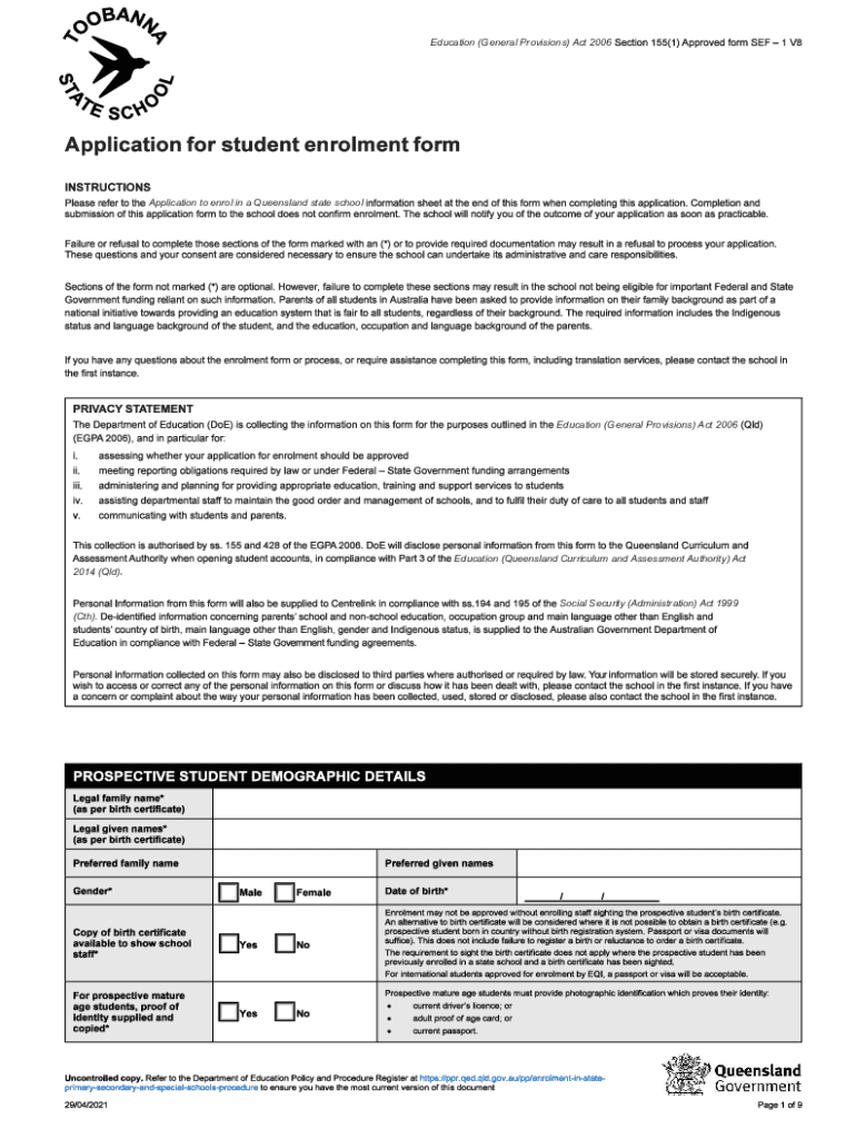 Fillable Online Application for student enrolment form (v8).pdf Fax ...