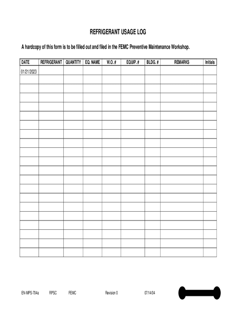 Fillable Online Refrigerant Log - Fill Out and Sign Printable PDF ...