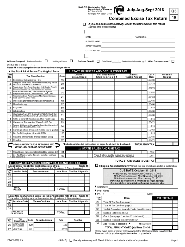Fillable Online dor wa July-Aug-Sept 2016 Combined Excise Tax Return ...