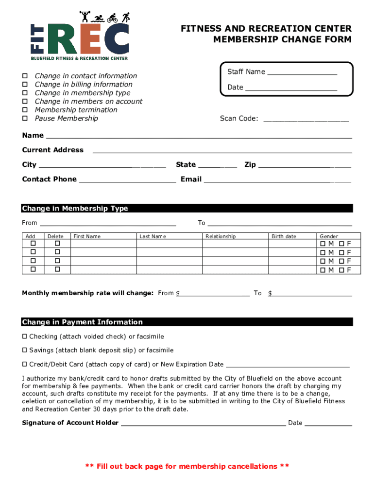 Fillable Online fitness and recreation center membership change form Fax Email Print - pdfFiller