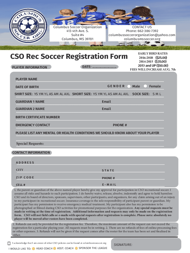 Fillable Online CSO Rec Soccer Registration Form Fax Email Print - pdfFiller