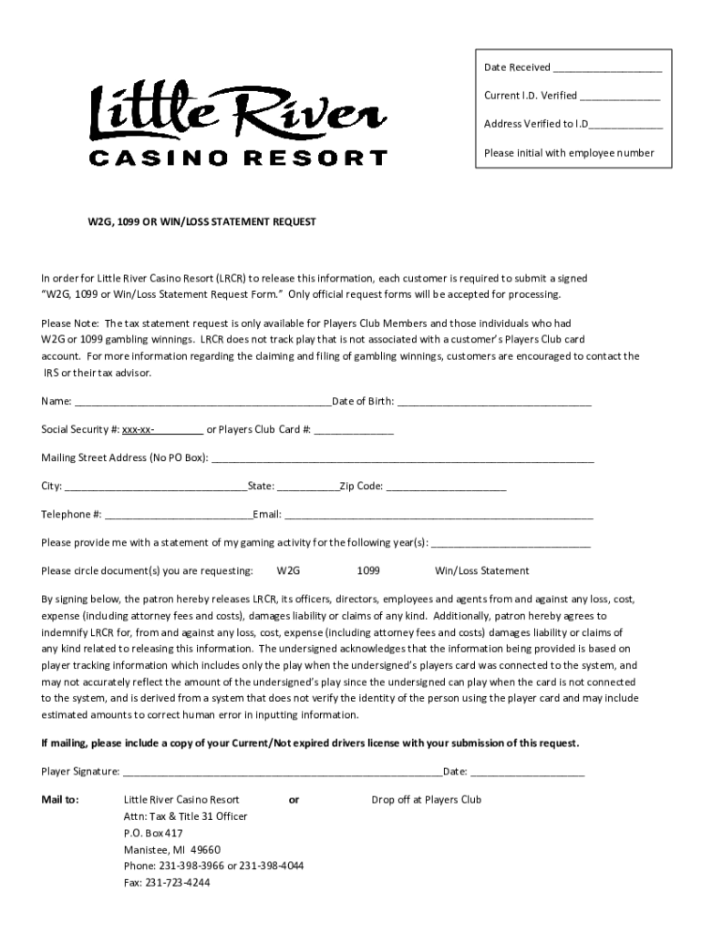 Fillable Online w2g, 1099 or win/loss statement request Fax Email Print ...