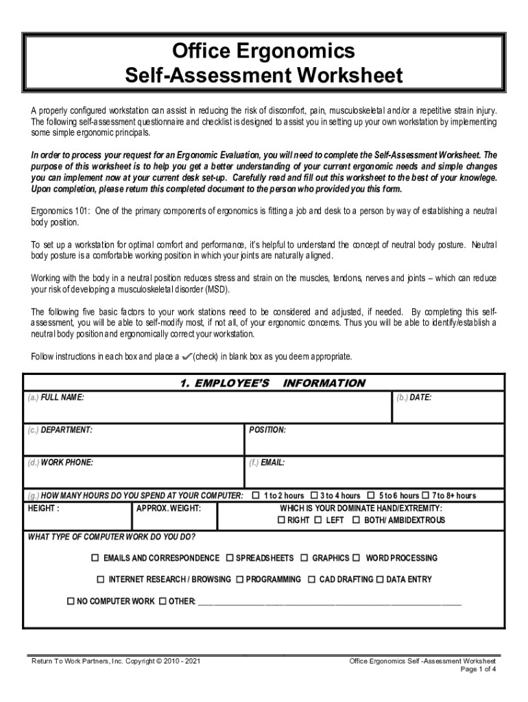 Fillable Online Office Ergonomics Self-Assessment Worksheet Fax Email ...
