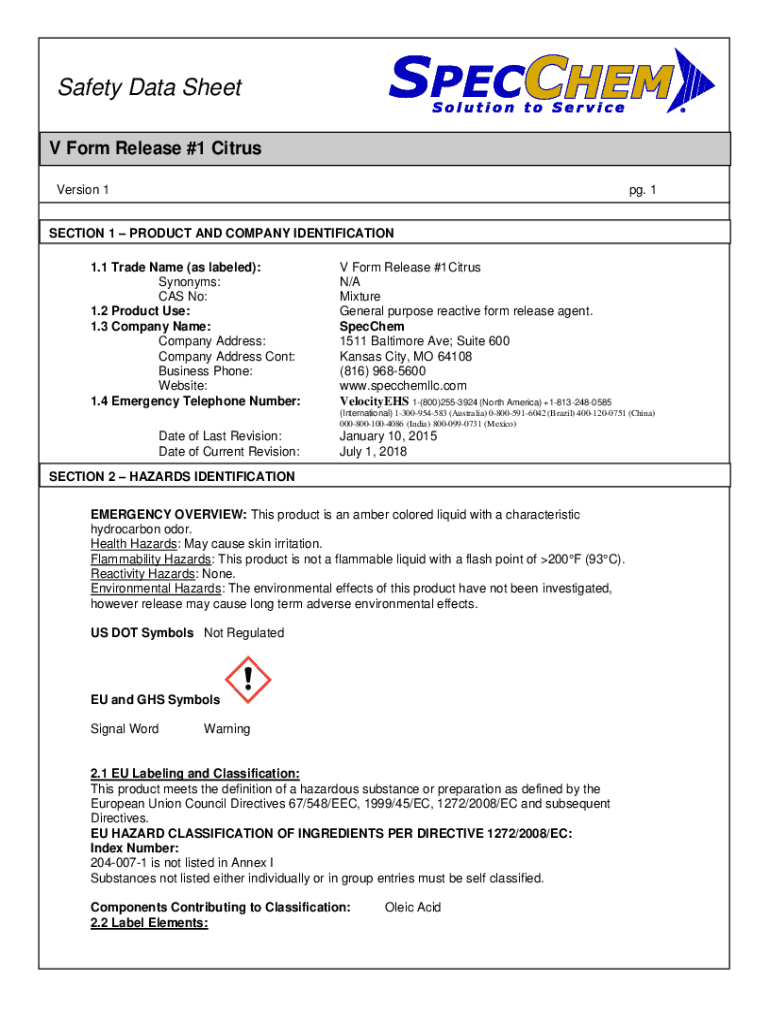 Fillable Online SAFETY DATA SHEET Concrete Form Release Fax Email Print ...