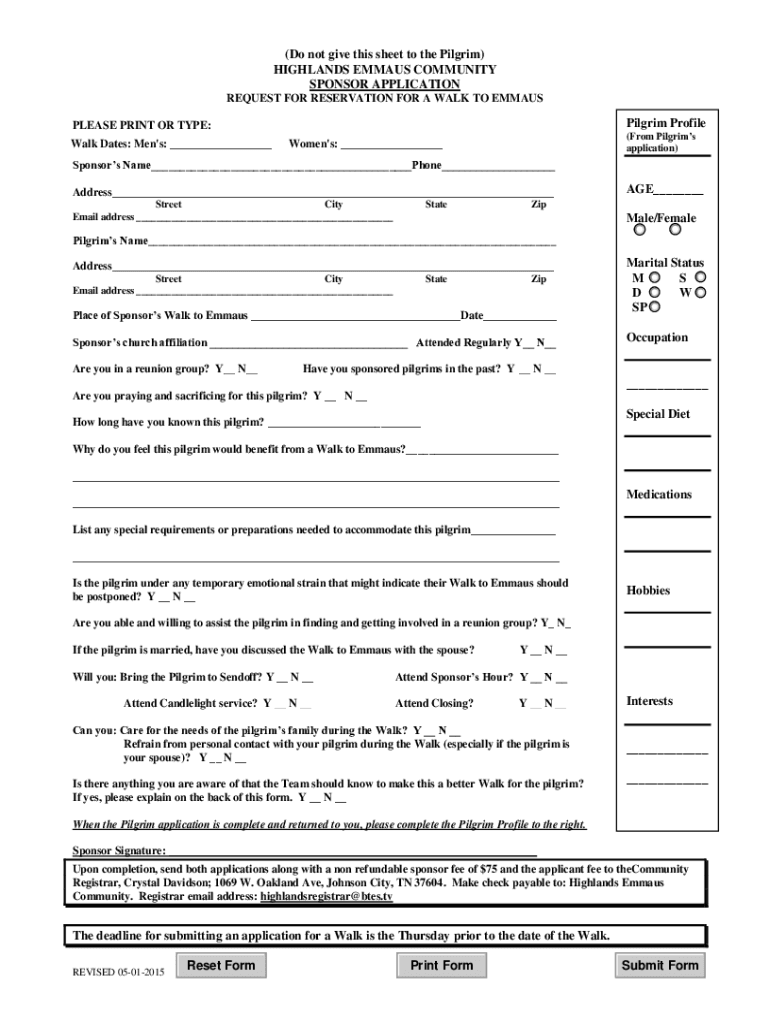 Fillable Online request for reservation for a walk to emmaus Fax Email Print - pdfFiller