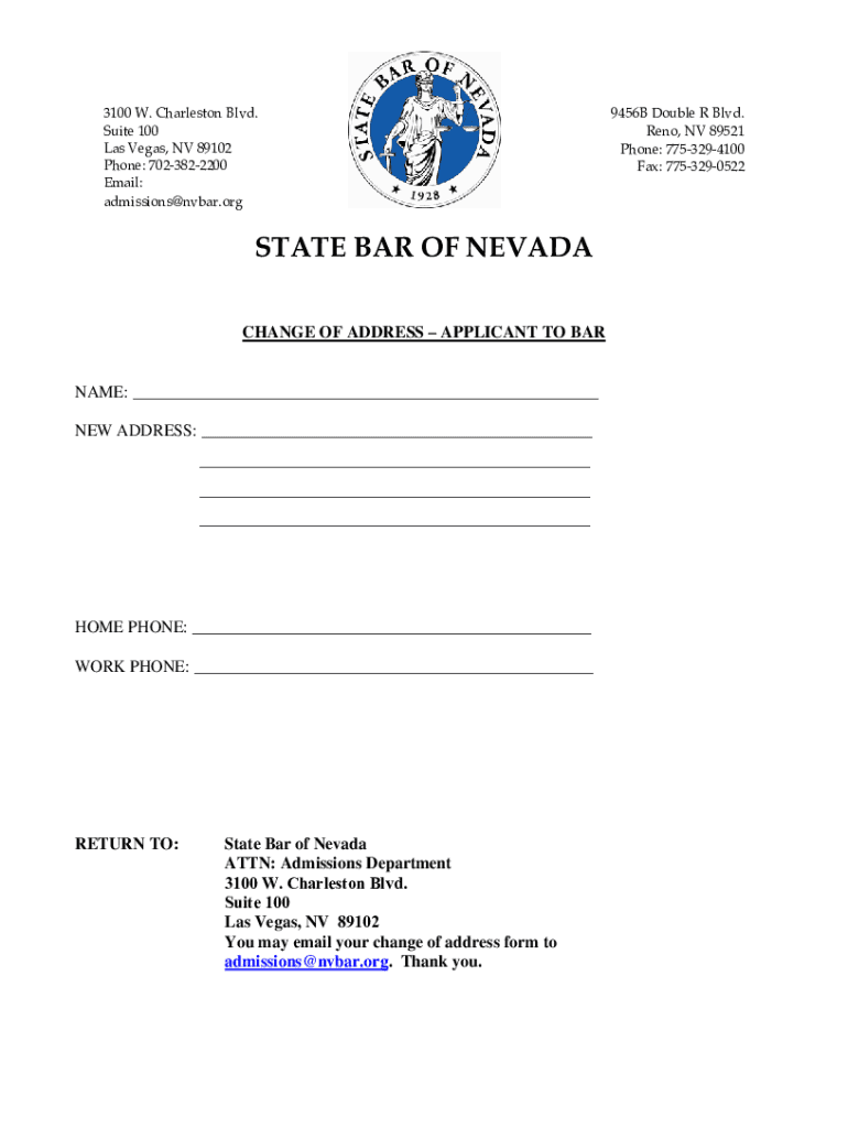 Fillable Online State Bar of Nevada - 3100 W Charleston Blvd Suite 100 ...
