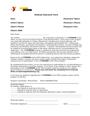 Fillable Online LIVESTRONG at the YMCA Medical Clearance Form Fax Email ...
