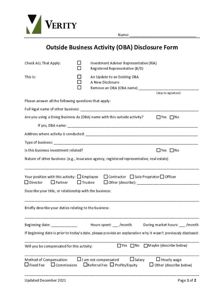 Fillable Online Outside Business Activity (OBA) Disclosure Form Fax ...
