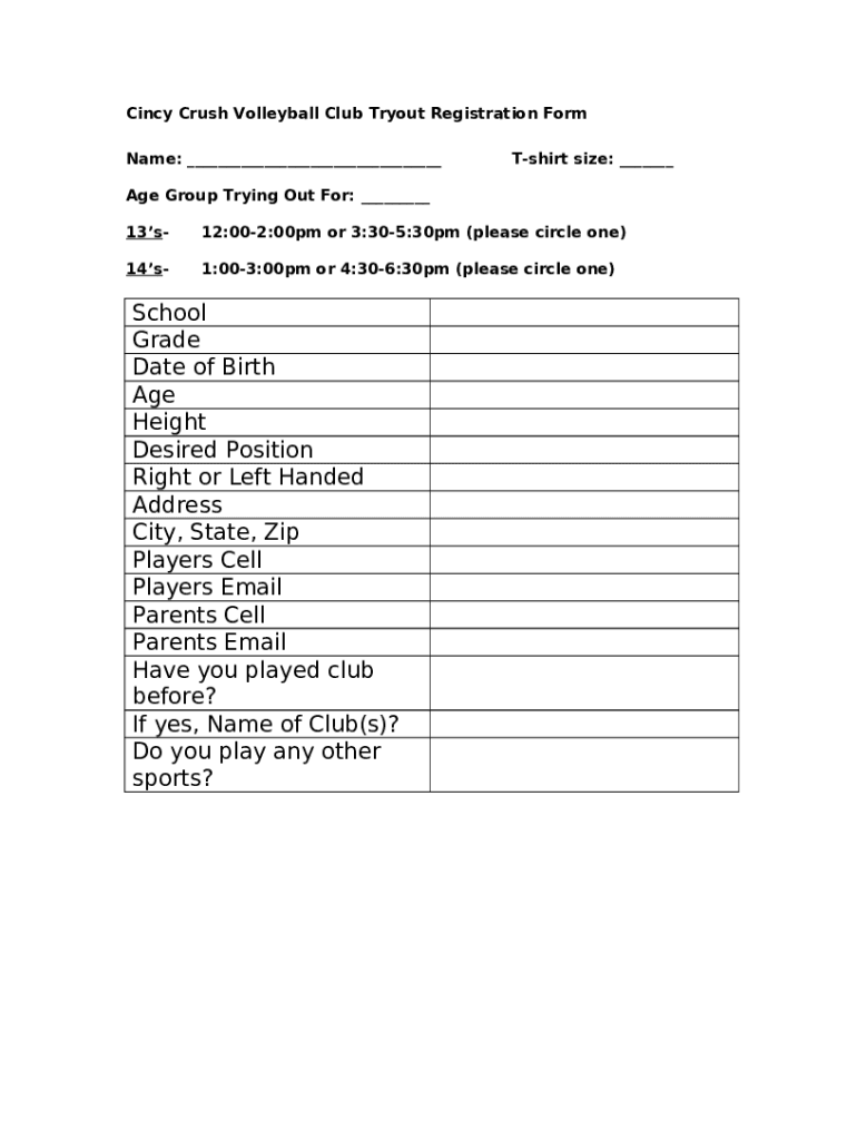 Cincy Crush Volleyball Club Registration **** Doc Template | pdfFiller