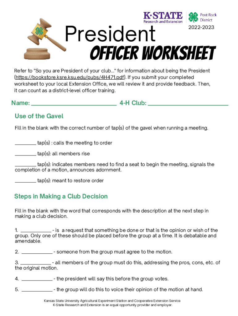 Fillable Online President - Officer Worksheet - Post Rock District Fax ...