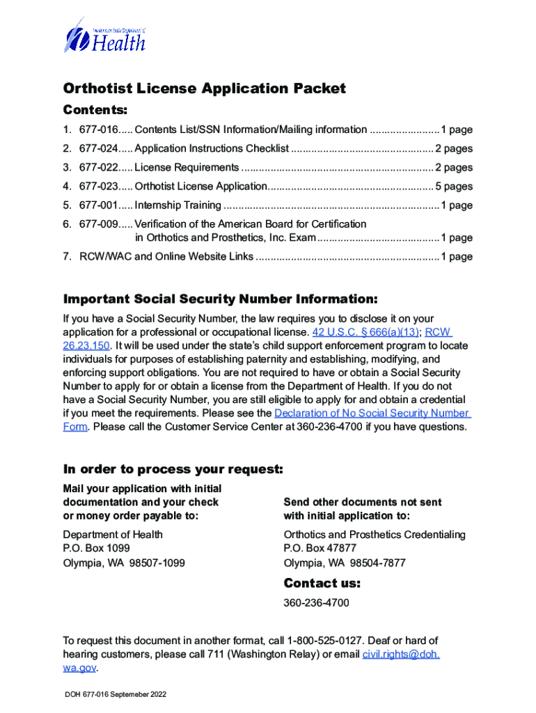Fillable Online doh wa Orthotics License Application Packet. An ...