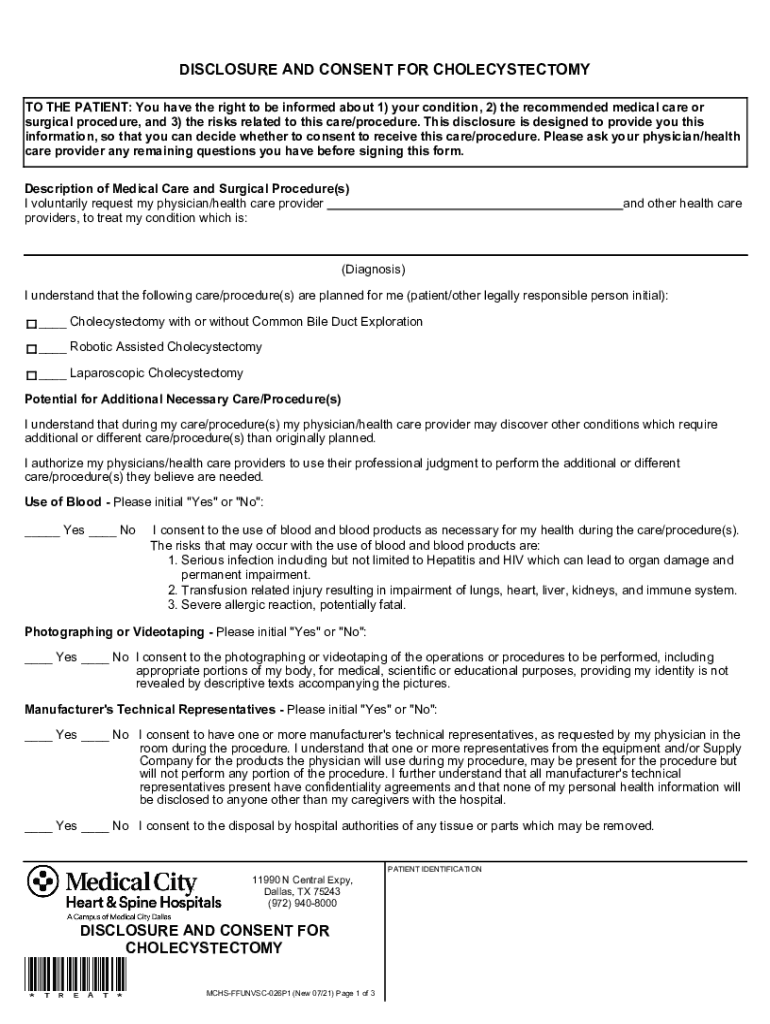 Fillable Online Disclosure And Consent For Cholecystectomy. Disclosure ...