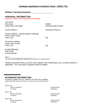 STUDENT TEACHING APPLICATION DATA ... Doc Template | pdfFiller