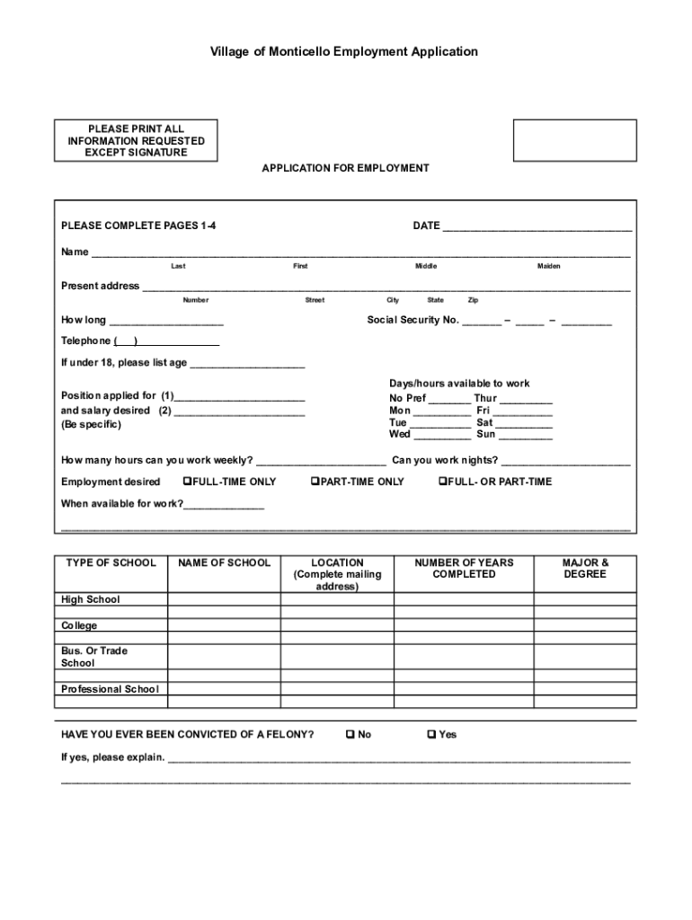 Fillable Online vi monticello wi Village of Monticello Employment ...