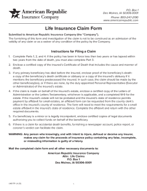 Fillable Online American Republic Life Insurance Claim Form Fax Email ...