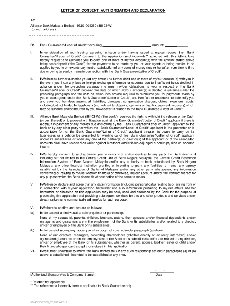 Fillable Online Letter of Consent - Authorisation Declaration ...