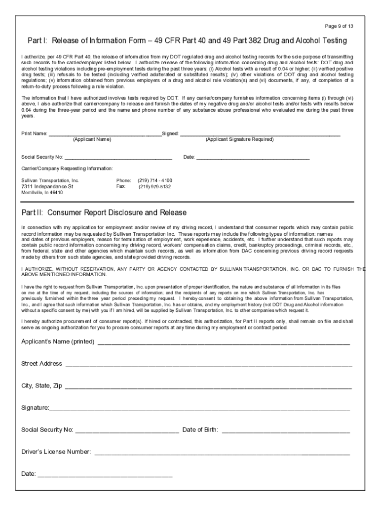 Fillable Online Release of Information Form 49 CFR Part 40 Fax Email ...