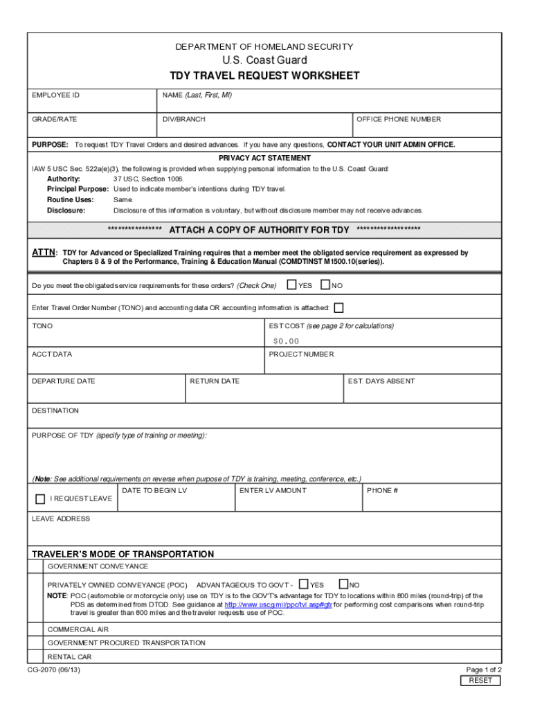 Fillable Online US Coast Guard TDY TRAVEL REQUEST WORKSHEET Fax Email ...