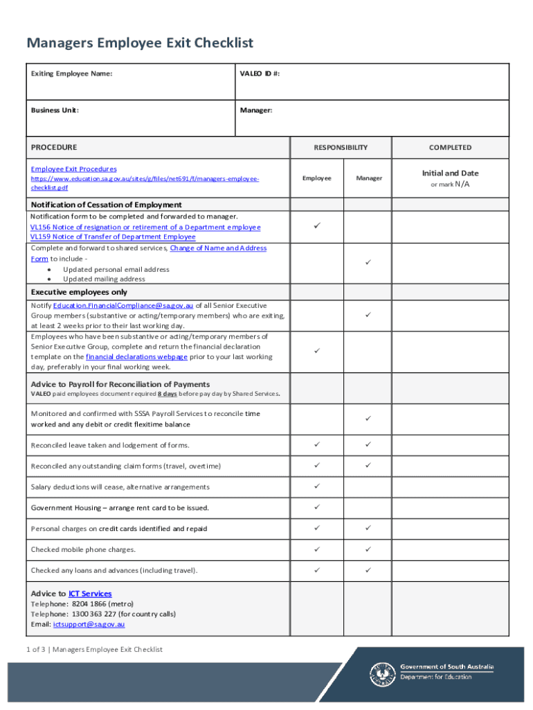 Fillable Online Managers Employee Exit Checklist - Department for Education Fax Email Print ...