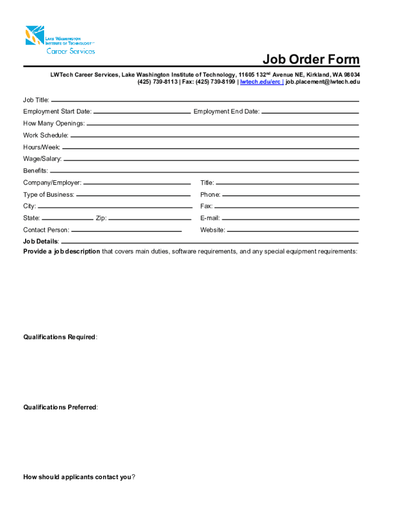 Fillable Online LWTech Career Services Employer Job Order Form Fax ...