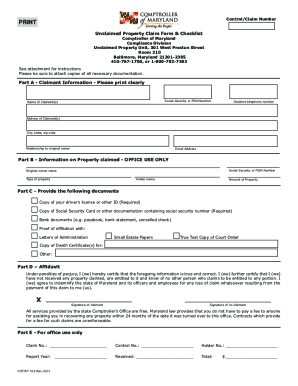 Fillable Online Unclaimed Property Claim Form & Checklist Part A Fax Email Print - pdfFiller