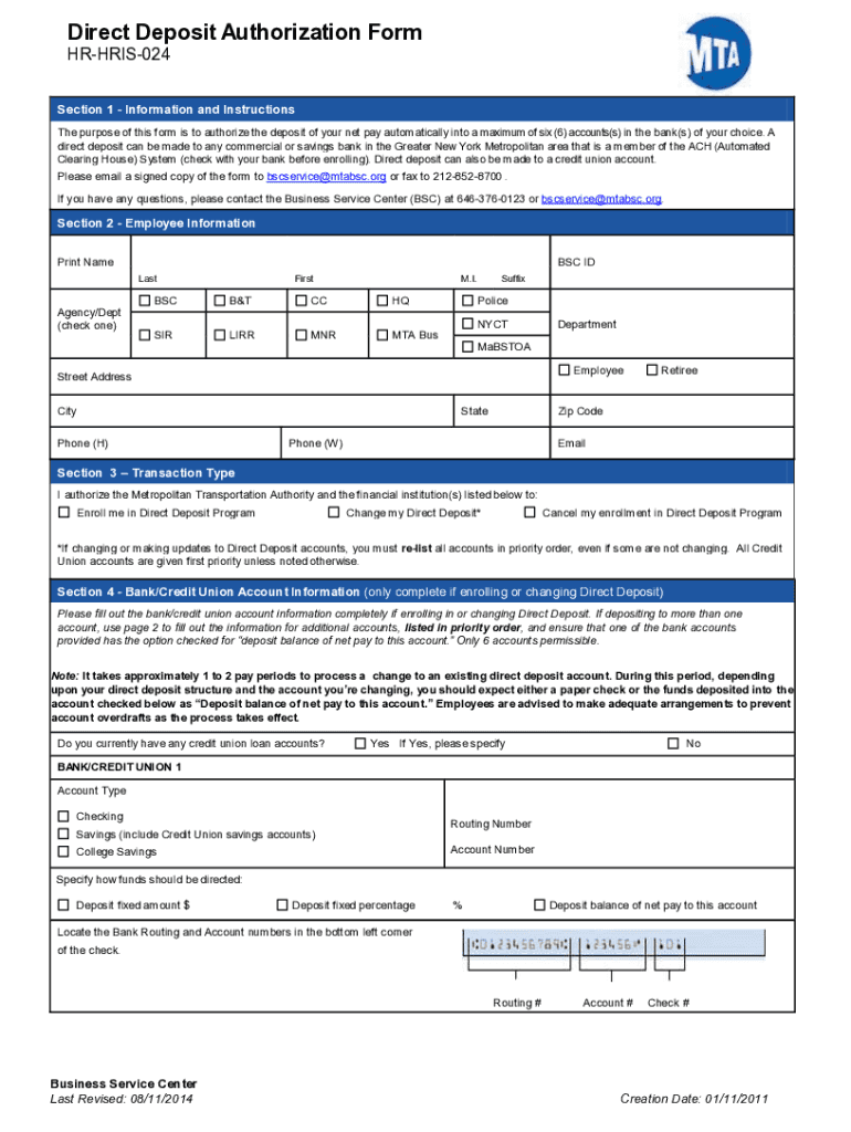 Fillable Online Bsc Mta Direct Deposit Form. Deposit Fax Email Print ...