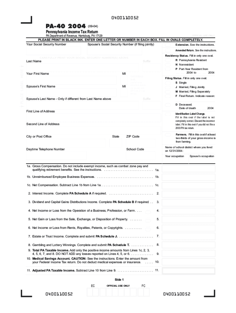 Fillable Online 2004 Pennsylvania Income Tax Return (PA-40). 2004 ...