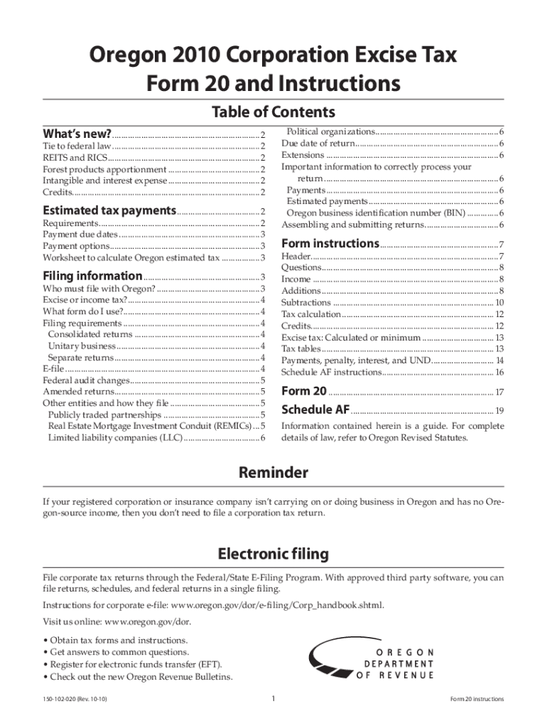 Fillable Online Form OR-20 Instructions, Oregon Corporation Excise Tax ...