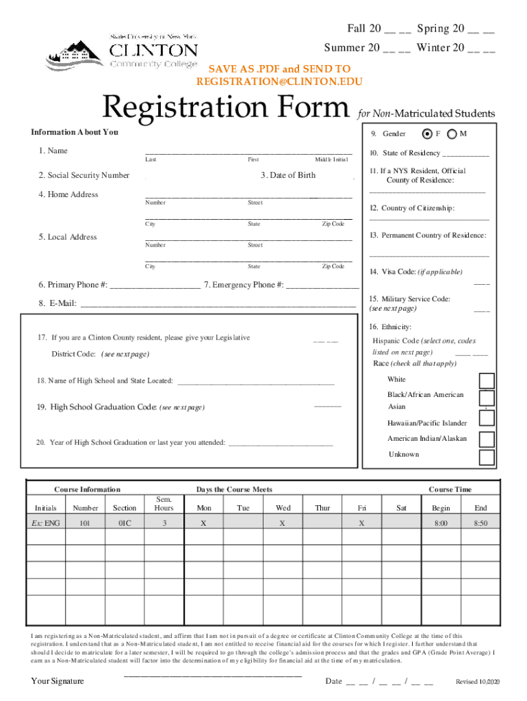Fillable Online Registration Form For New Non-Matriculated Students Fax ...