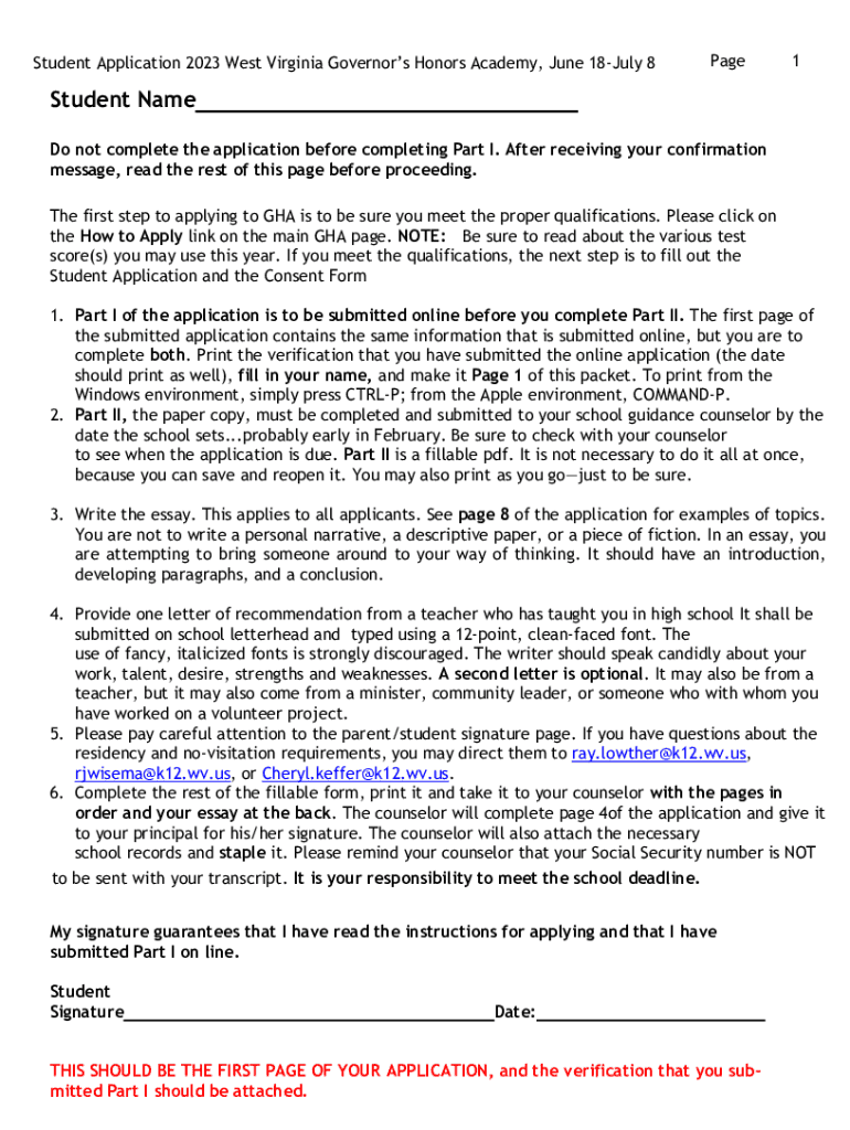 Fillable Online Governor's Honors Academy Application Part 1 Fax Email ...