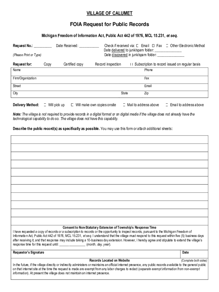 Fillable Online VILLAGE OF CALUMET FOIA Request for Public Records Fax Email Print - pdfFiller