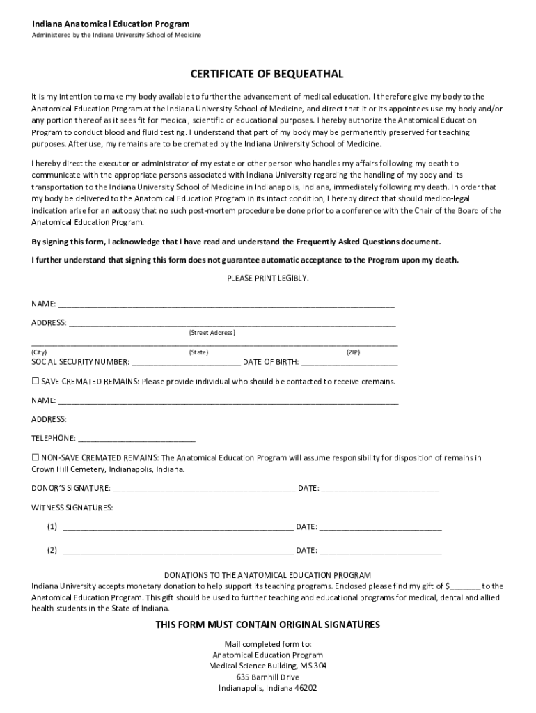 Fillable Online mednet iu Bequeathal Form RequestBody DonationGiveIU School ... Fax Email Print ...